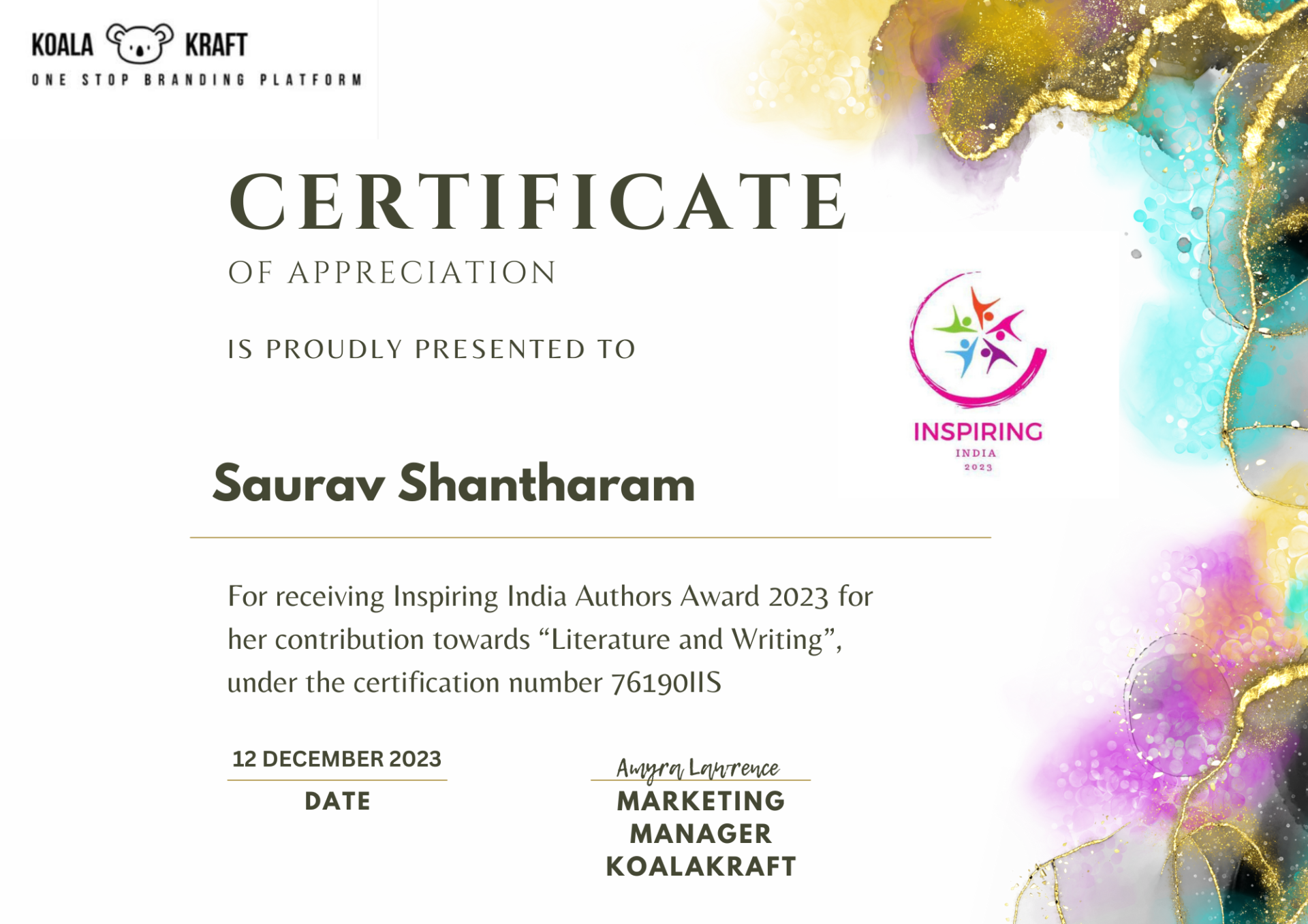 Saurav Shantharam wins the " Inspiring India Authors Award -2023 ...